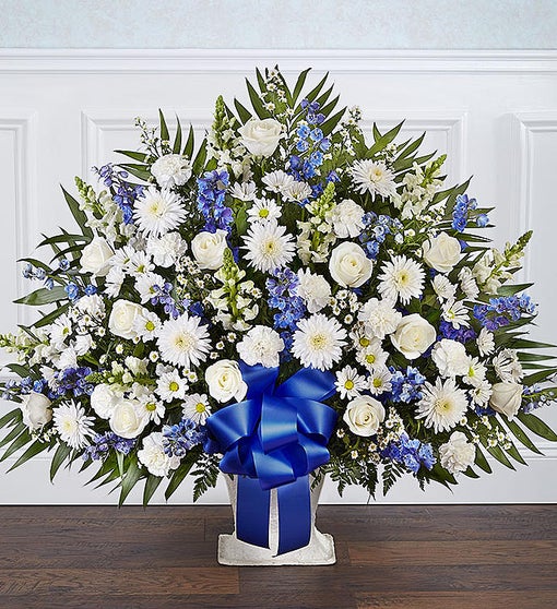 Heartfelt Tribute™ Blue & White Floor Basket Arrangement | 1800Flowers ...