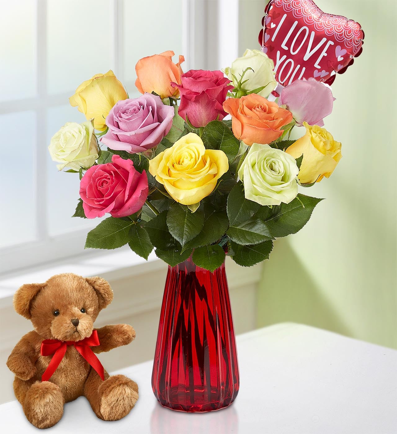 I Love You Assorted Roses & Red Footed Vase | 1800flowers.com