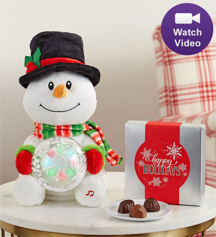 Animated Snowman Plush with Chocolate | 1800Flowers.com