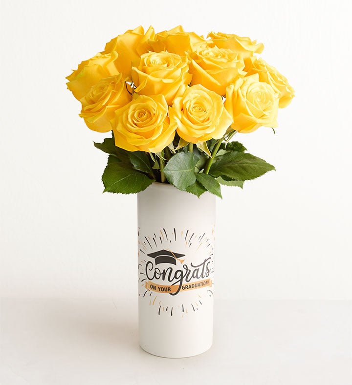 Yellow Roses with Con-grad-ulations Vase | 1800Flowers.com