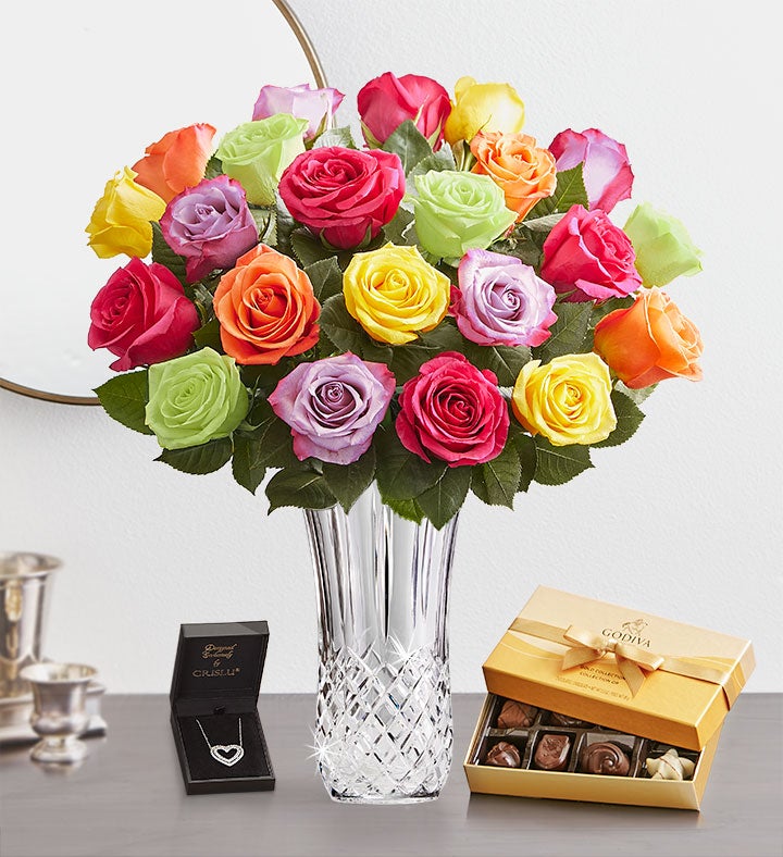 Assorted Roses in Luxury Posh™ Vase | 1800flowers.com