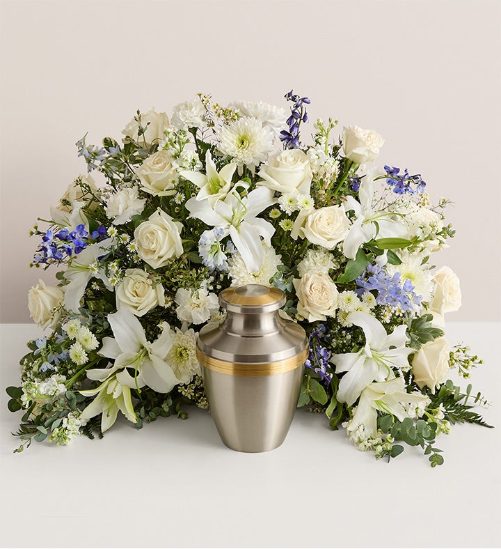 Crescent Cremation Arrangement- Blue and White | 1800flowers.com