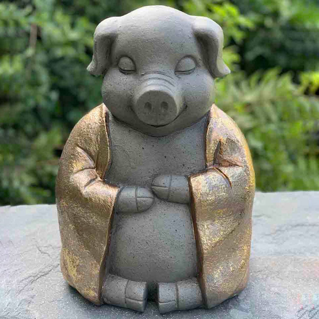 14Inch Grey And Golden Polyresin Pig | Marketplace | 1800Flowers