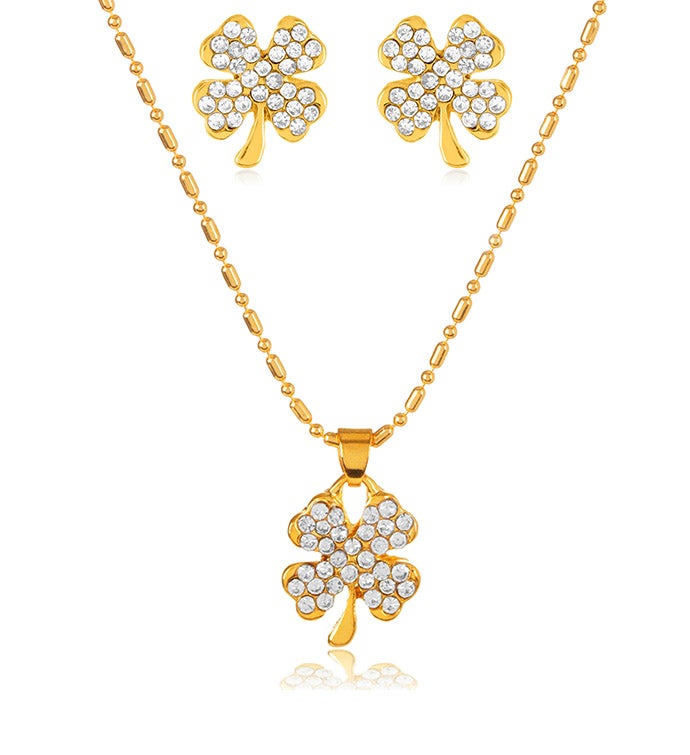 Women Goldtone Crystal Clover Necklace And Earrings Jewelry Set ...