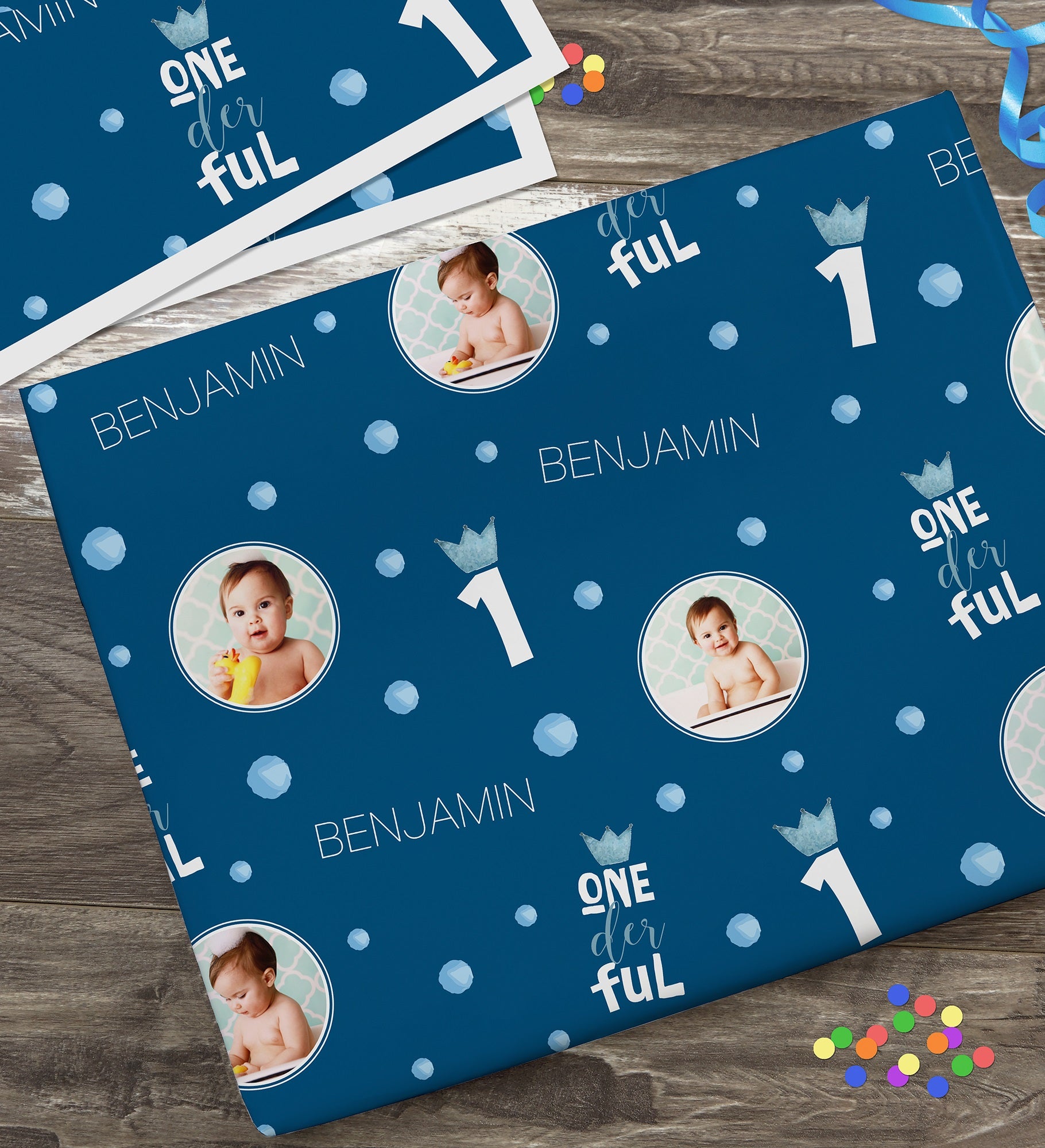 Onederful Boy First Birthday Personalized Photo Wrapping Paper