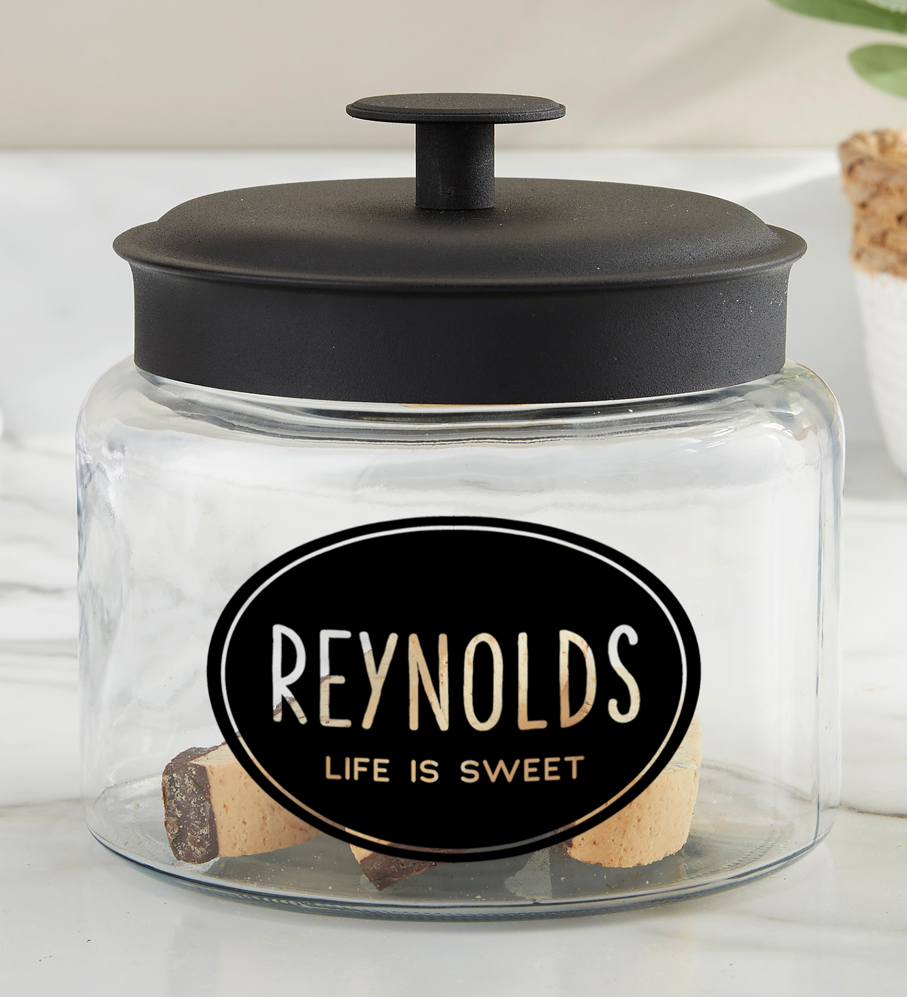 Treat Label Personalized Glass Cookie Jar with Black Lid